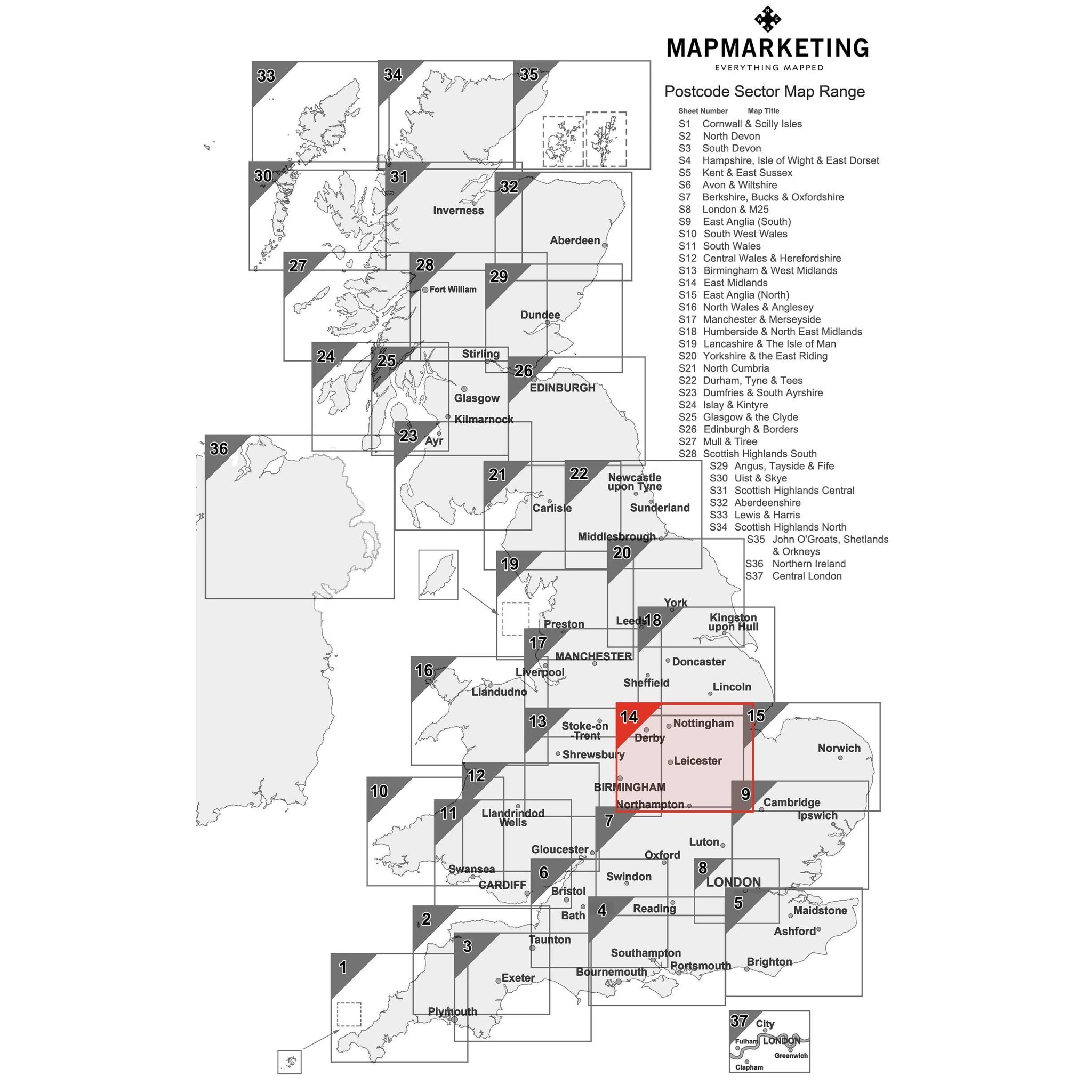 East Midlands Postcode Wall Map - Sector Map 14 – Map Marketing