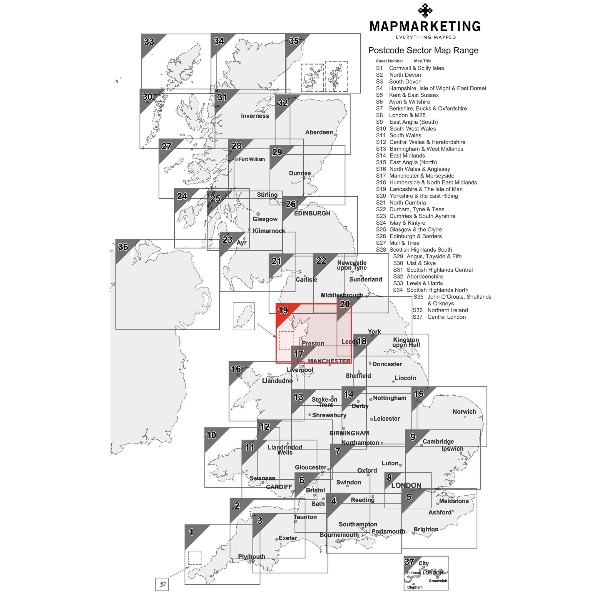 Lancashire and The Isle of Man Postcode Wall Map - Sector Map 19 – Map ...
