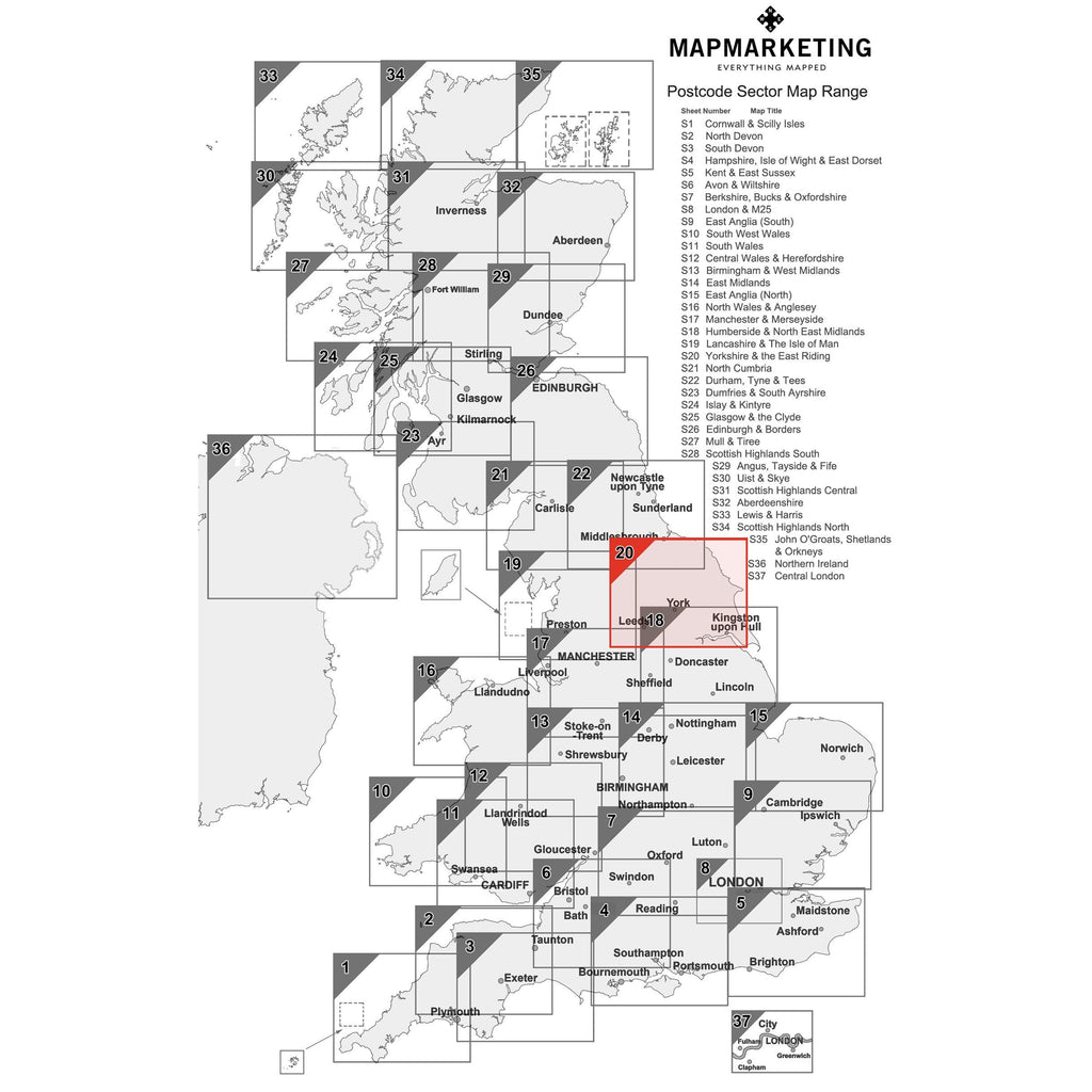 Yorkshire and the East Riding (Leeds / Bradford) Postcode Wall Map ...